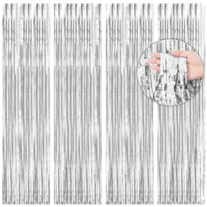 btsd-home silver foil fringe curtain, metallic photo booth backdrop tinsel door curtains for wedding birthday bridal shower baby shower bachelorette christmas party decorations(4 pack, 8ft x 3ft)