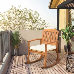 Outsunny Outdoor Rocking Chair with Cushion, Acacia Wood Patio Rocker for Backyard, Patio, Home, Teak Tone