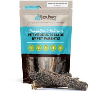 raw paws green beef tripe sticks for dogs - 6-inch, 5-pack - packed in usa - dried tripe dog treats from free-range, cows no added antibiotics or hormones - dehydrated beef green tripe for dogs