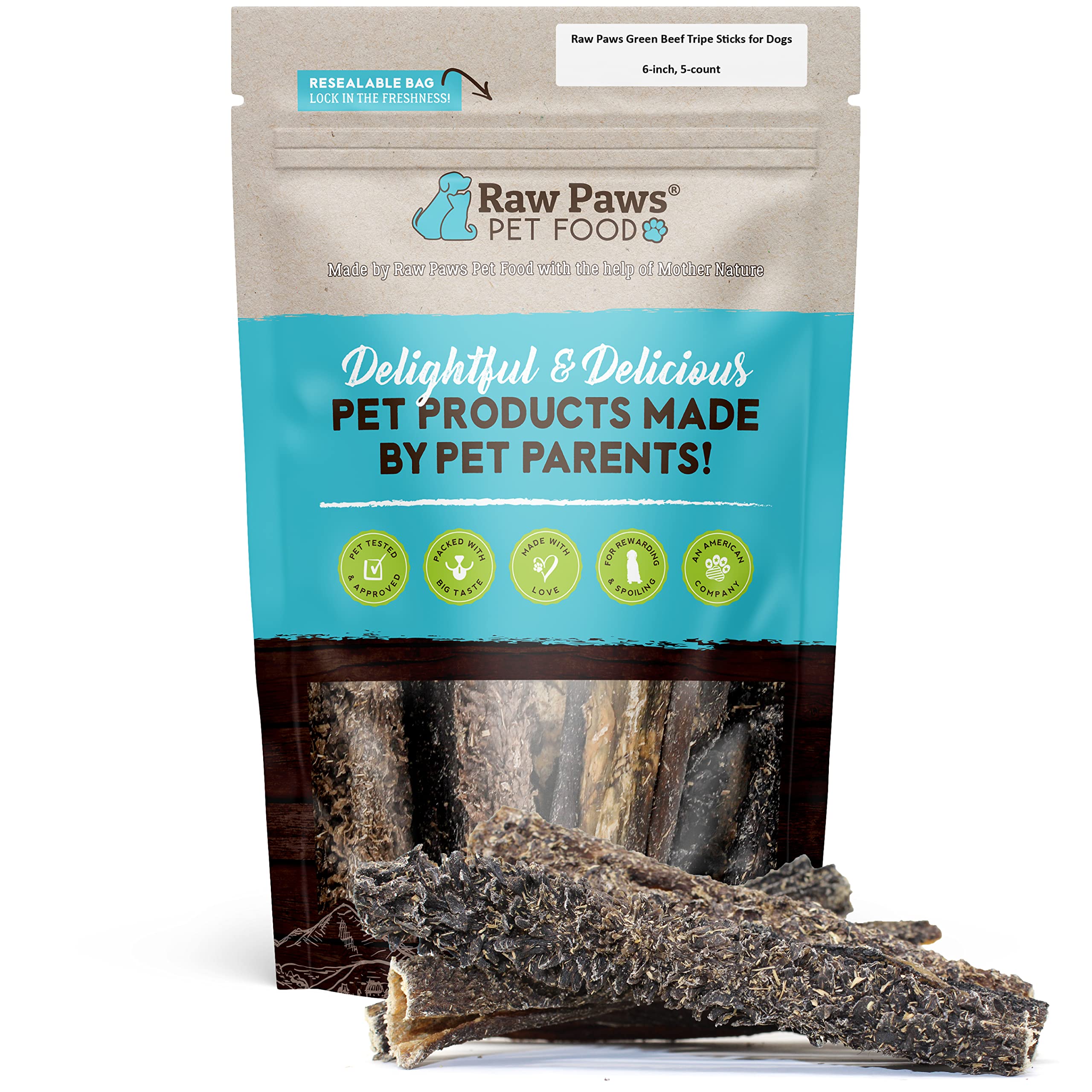 Raw Paws Green Beef Tripe Sticks for Dogs - 6-inch, 5-Pack - Packed in USA - Dried Tripe Dog Treats from Free-Range, Cows No Added Antibiotics or Hormones - Dehydrated Beef Green Tripe for Dogs