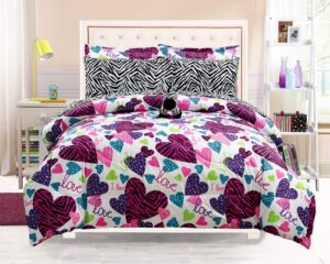 grand linen - girls kids bedding-misty zebra tween teen dream bed in a bag. queen size comforter set, sheet set and plush zebra pillow included-love, hearts-hot pink, purple, black and white