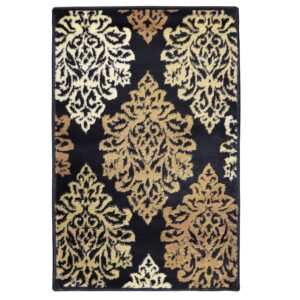 superior danvers collection area rug, modern elegant damask pattern, 10mm pile with jute backing, affordable contemporary rugs - black, 2' x 3' rug