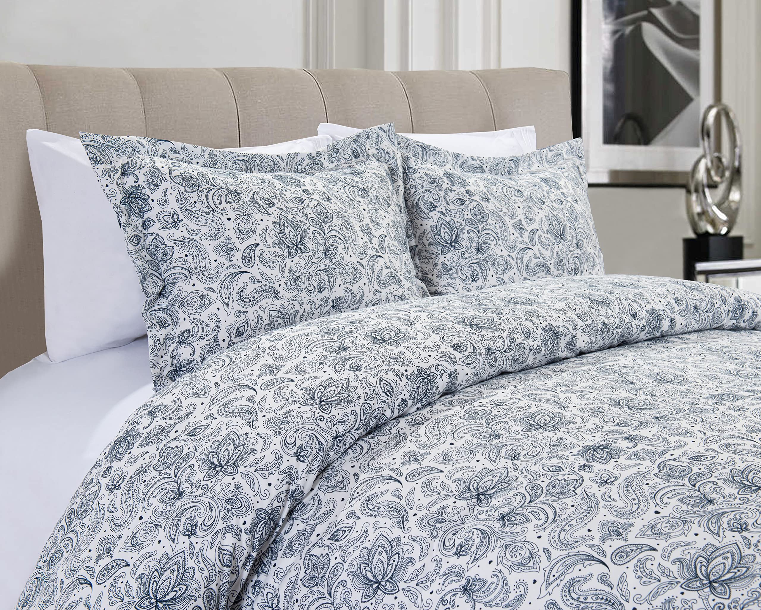 CELINE LINEN Luxury Silky Soft Coziest 1500 Premier Hotel Quality 3-Piece Duvet Cover Set |Coarse Paisley Pattern| Wrinkle Free, King/California King, Navy Blue