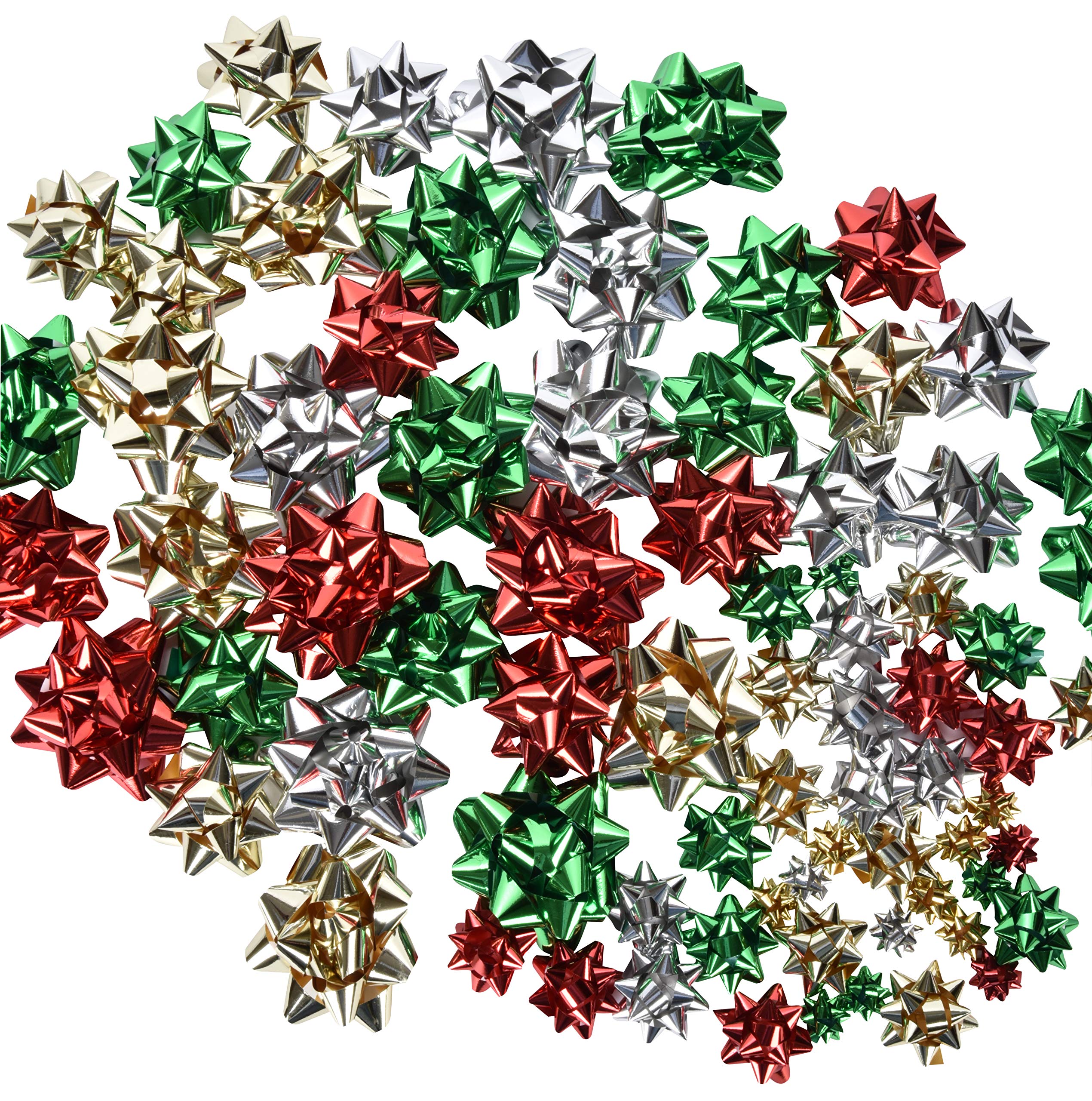 120 Christmas Bows Self Adhesive for Presents Wreaths Wrapping Holiday Gifts Includes Large Medium Small and Mini Sizes in Red Green Silver and Gold 24 of 4", 30 of 3", 30 of 2",and 36 1" Bows