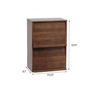 IRIS USA, Inc. 2-Tier Wooden Shelf with Pocket Doors, Stylish Stackable Shelving Unit with 2 Retractable Flap Doors for Additional Photo Record Picture Storage, Dark Brown