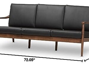 Baxton Studio Venza Mid-Century Modern Walnut Wood Black Faux Leather 3-Seater Sofa