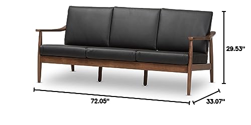 Baxton Studio Venza Mid-Century Modern Walnut Wood Black Faux Leather 3-Seater Sofa