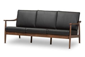 baxton studio venza mid-century modern walnut wood black faux leather 3-seater sofa