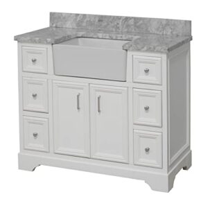 Kitchen Bath Collection Zelda 42-inch Farmhouse Vanity (Carrara/White): Includes White Cabinet with Authentic Italian Carrara Marble Countertop and White Ceramic Farmhouse Apron Sink