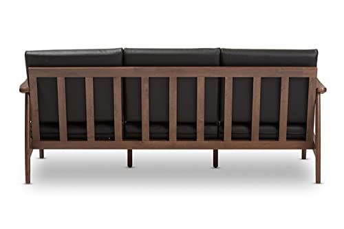 Baxton Studio Venza Mid-Century Modern Walnut Wood Black Faux Leather 3-Seater Sofa