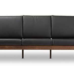 Baxton Studio Venza Mid-Century Modern Walnut Wood Black Faux Leather 3-Seater Sofa