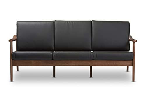 Baxton Studio Venza Mid-Century Modern Walnut Wood Black Faux Leather 3-Seater Sofa