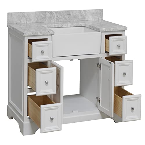 Kitchen Bath Collection Zelda 42-inch Farmhouse Vanity (Carrara/White): Includes White Cabinet with Authentic Italian Carrara Marble Countertop and White Ceramic Farmhouse Apron Sink