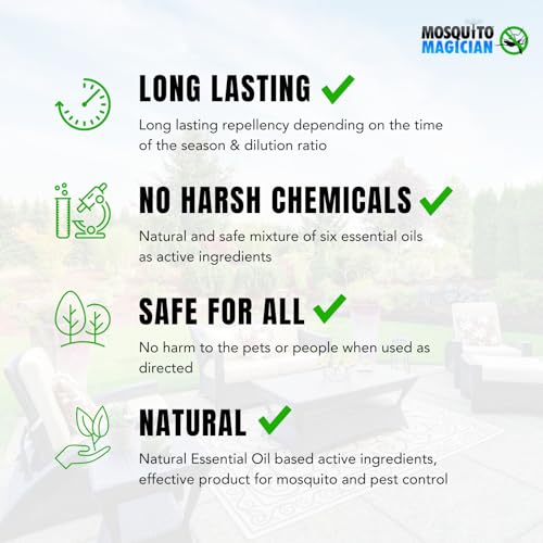 Mosquito Magician 1 Gallon Liquid Concentrate with a 15L Pump Up Backpack Sprayer - User-Friendly - Ideal for Yards, Lawns, Patios - Kills Mosquitoes, Fleas, Fire Ants - with 6 Natural Essential Oils