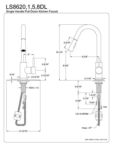 Kingston Brass LS8628DL Concord Pull-Down Sprayer Kitchen Faucet, 8-5/16" in Spout Reach, Brushed Nickel