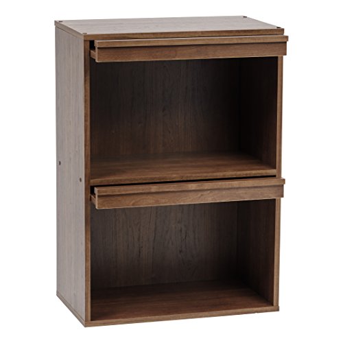 IRIS USA, Inc. 2-Tier Wooden Shelf with Pocket Doors, Stylish Stackable Shelving Unit with 2 Retractable Flap Doors for Additional Photo Record Picture Storage, Dark Brown