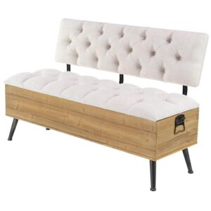 deco 79 wood room storage bench entryway bench with cream tufted seat and back, bench 48" x 20" x 30", white