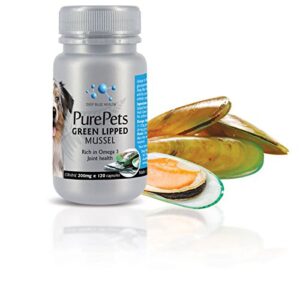 purepets new zealand green lipped mussel capsules for dogs and cats - 200mg x 120 capsules - for hip & joint support - 100% natural arthritis pain relief - mobility supplement inflammation management