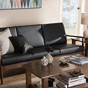 Baxton Studio Venza Mid-Century Modern Walnut Wood Black Faux Leather 3-Seater Sofa