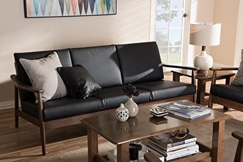 Baxton Studio Venza Mid-Century Modern Walnut Wood Black Faux Leather 3-Seater Sofa