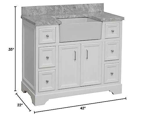 Kitchen Bath Collection Zelda 42-inch Farmhouse Vanity (Carrara/White): Includes White Cabinet with Authentic Italian Carrara Marble Countertop and White Ceramic Farmhouse Apron Sink