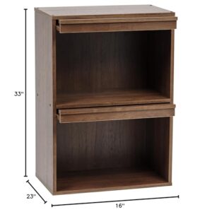 IRIS USA, Inc. 2-Tier Wooden Shelf with Pocket Doors, Stylish Stackable Shelving Unit with 2 Retractable Flap Doors for Additional Photo Record Picture Storage, Dark Brown