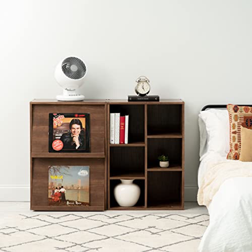 IRIS USA, Inc. 2-Tier Wooden Shelf with Pocket Doors, Stylish Stackable Shelving Unit with 2 Retractable Flap Doors for Additional Photo Record Picture Storage, Dark Brown