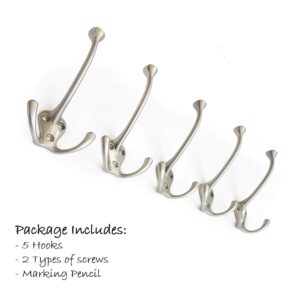 Ambipolar 5 Pack TriLeg Hook, Heavy Duty Big Triple Leg/Double Coat Hooks Base. Entryway Coat Hooks, Scarf and Jacket Hangers.Perfect Bath Towel Heavy Hooks (5 Pack, Satin Nickel)