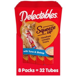 delectables squeeze up creamy squeezable puree, lickable wet cat treats, grain free, no added fillers, no by-products, no added preservatives, 0.5 ounces tuna & shrimp, 32 tubes total