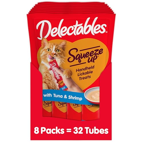 Delectables Squeeze Up Creamy Squeezable Puree, Lickable Wet Cat Treats, Grain Free, No Added Fillers, No By-Products, No Added Preservatives, 0.5 Ounces Tuna & Shrimp, 32 Tubes Total