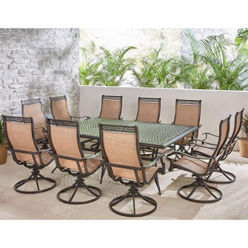 Hanover Manor 11-Piece Outdoor Dining Set with 10 Comfortable Swivel Rockers and an Extra-Large 60" x 84" Aluminum Cast-Top Dining Table, 10 person Patio Table and Chairs for Backyard, Deck, Porch