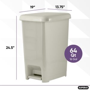 Superio Slim Trash Can with Foot Pedal, 64 Qt., Large Step On Trash Can, Durable Plastic Garbage Can with Removable Bucket, Kitchen Waste and Recycling Bin 16 Gallons, Greige