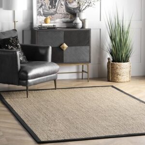 nuloom 4x6 elijah seagrass area rug, black, solid farmhouse style, cotton bordered, basketweave, natural fiber, for bedroom, dining room, living room, hallway, office, kitchen, entryway