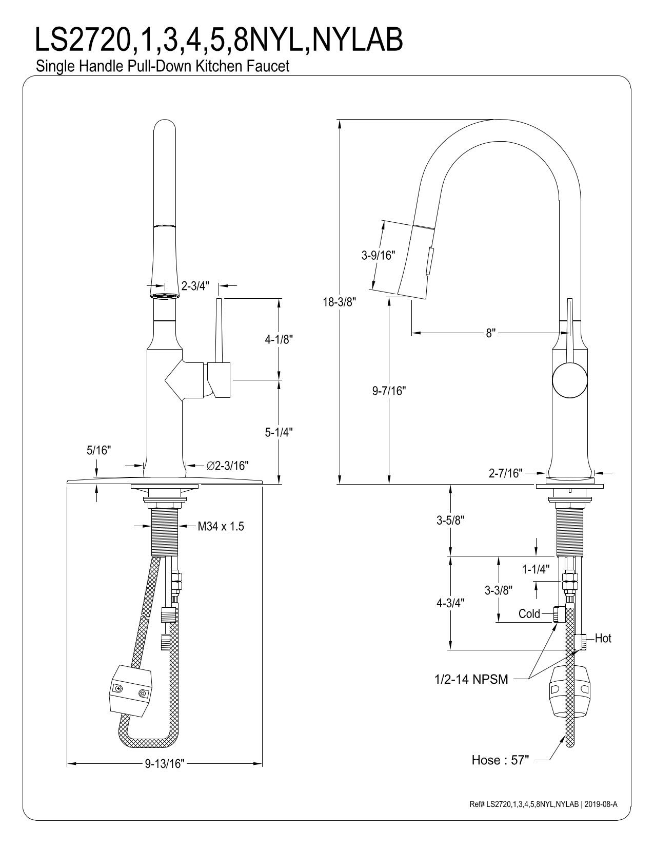 Kingston Brass LS2725NYL New York Pull-Down Sprayer Kitchen Faucet, 8" in Spout Reach, Oil Rubbed Bronze