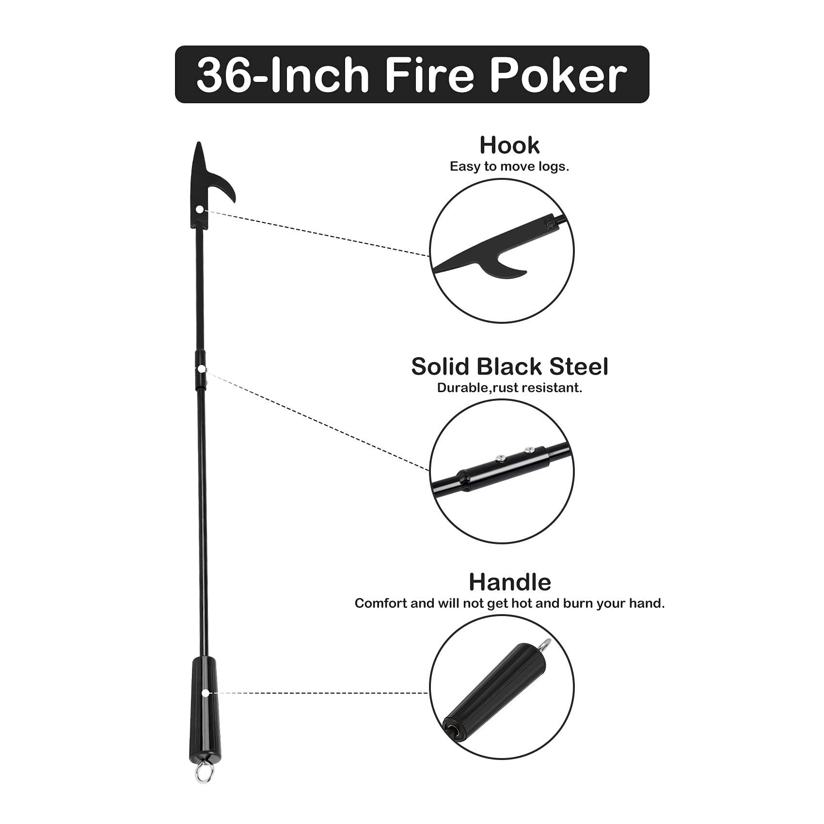 Stanbroil Fire Poker, 36" Fireplace Poker for Indoor and Outdoor Use, Premium Steel Fire Stick for Fire Pit or Inside Fireplace