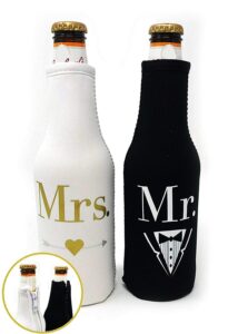 mr. & mrs. beer bottle cooler sleeves black & white gift set 2 pack - perfect for wedding, bridal shower, engagement party & so much more.