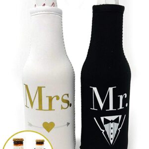 Mr. & Mrs. Beer Bottle Cooler Sleeves Black & White Gift Set 2 Pack - Perfect for Wedding, Bridal Shower, Engagement Party & So Much More.