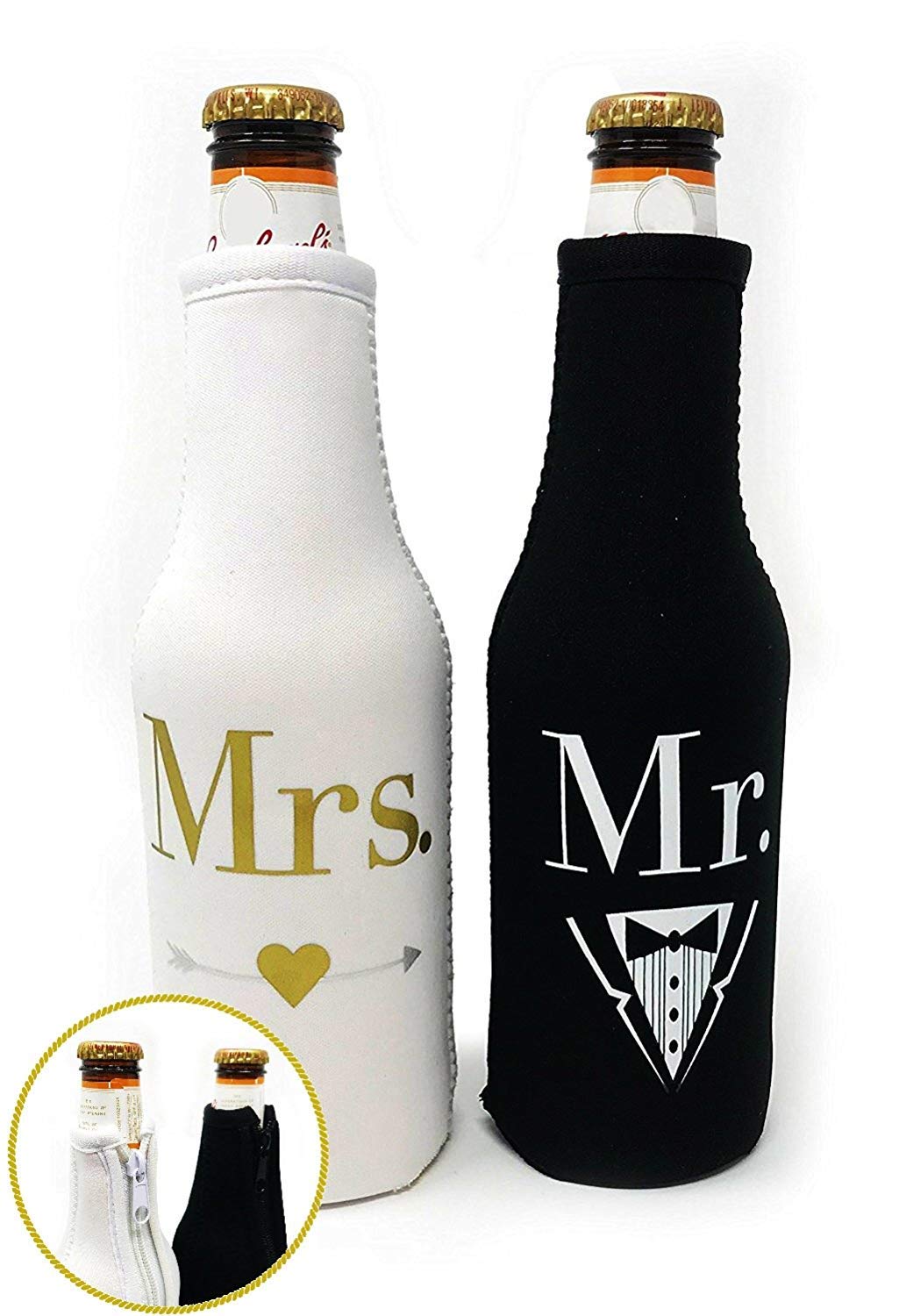 Mr. & Mrs. Beer Bottle Cooler Sleeves Black & White Gift Set 2 Pack - Perfect for Wedding, Bridal Shower, Engagement Party & So Much More.