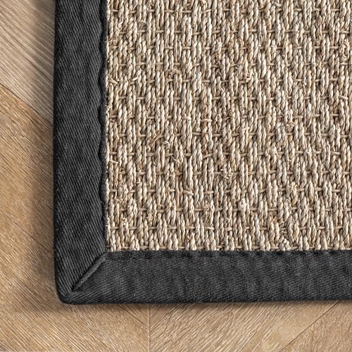 nuLOOM 3x5 Elijah Seagrass Area Rug, Black, Solid Farmhouse Style, Cotton Bordered, Basketweave, Natural Fiber, For Bedroom, Dining Room, Living Room, Hallway, Office, Kitchen, Entryway