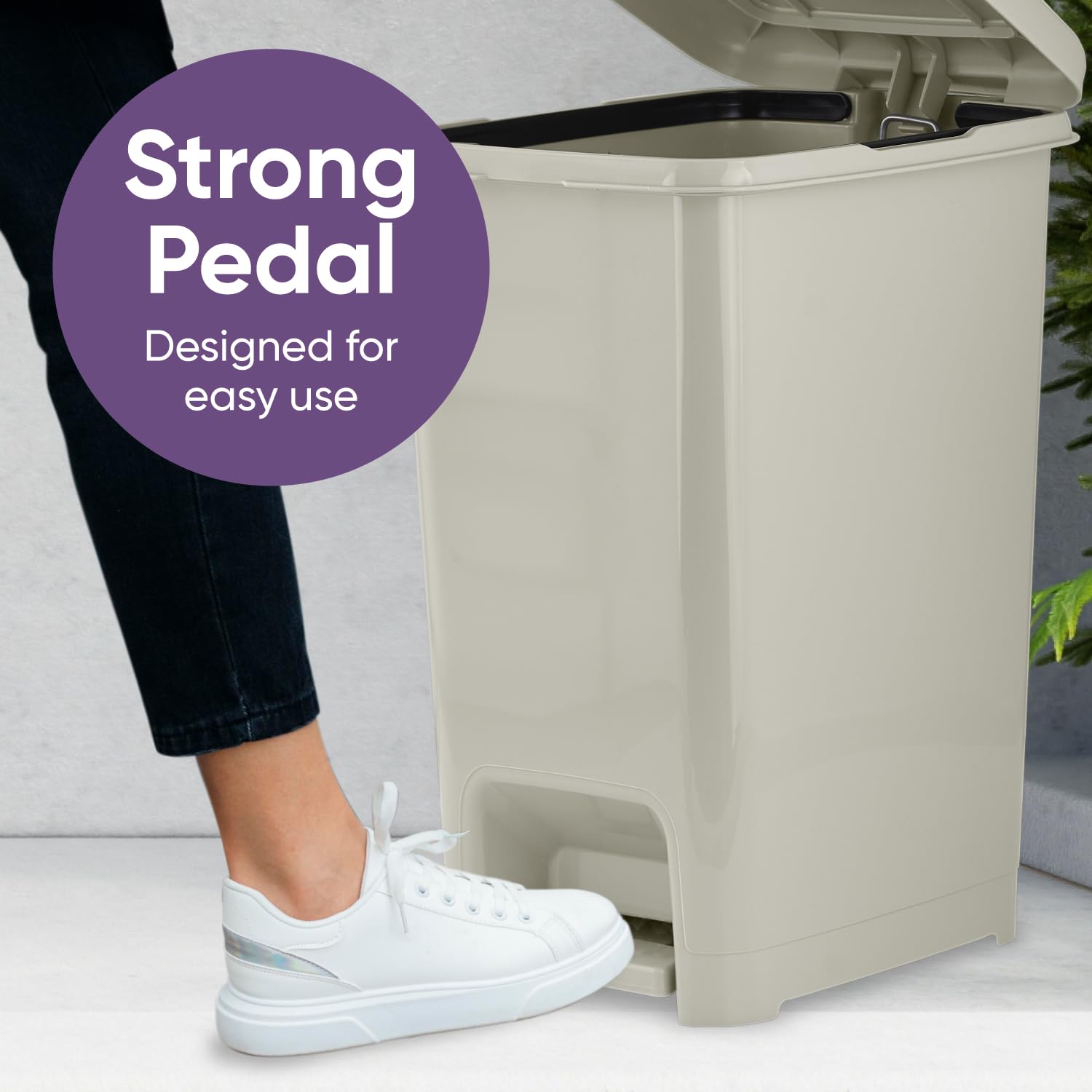 Superio Slim Trash Can with Foot Pedal, 64 Qt., Large Step On Trash Can, Durable Plastic Garbage Can with Removable Bucket, Kitchen Waste and Recycling Bin 16 Gallons, Greige