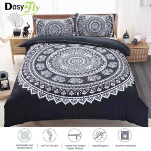 DasyFly 3 Piece Bohemian Duvet Cover Sets Queen Size Mandala Elephant Boho Chic Bedding Duvet Cover Sets for Aducts Boys Girls Black White