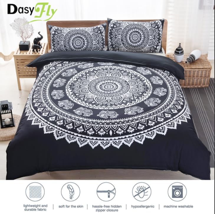 DasyFly 3 Piece Bohemian Duvet Cover Sets Queen Size Mandala Elephant Boho Chic Bedding Duvet Cover Sets for Aducts Boys Girls Black White