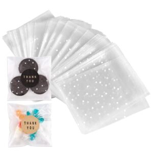 yunko 200pack self sealing cellophane bags clear cookie bags for gift giving treat bags for packaging cookies,candy,gifts(white polka dot,4x4inches)