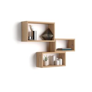 mobili fiver, set of 3 rectangular cube shelves, giuditta, rustic oak, laminate-finished, wall mount shelves for kitchen and living room, italian furniture