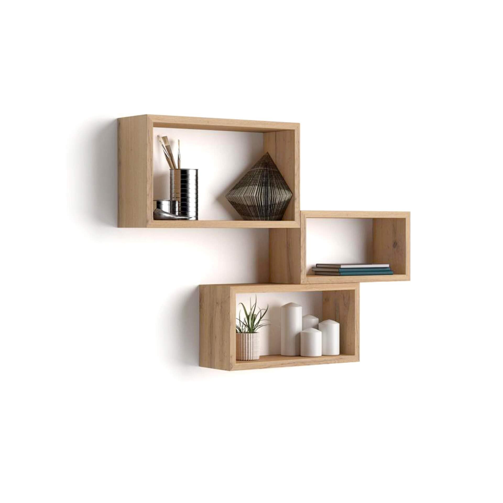 Mobili Fiver, Set of 3 Rectangular Cube Shelves, Giuditta, Rustic Oak, Laminate-Finished, Wall Mount Shelves for Kitchen and Living Room, Italian Furniture