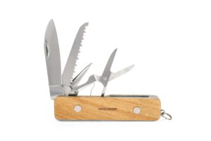 kikkerland huckleberry first pocket knife, compact 4 in 1 tools, lightweight, wood handle, stainless steel, keyring, for camping, hiking and fishing