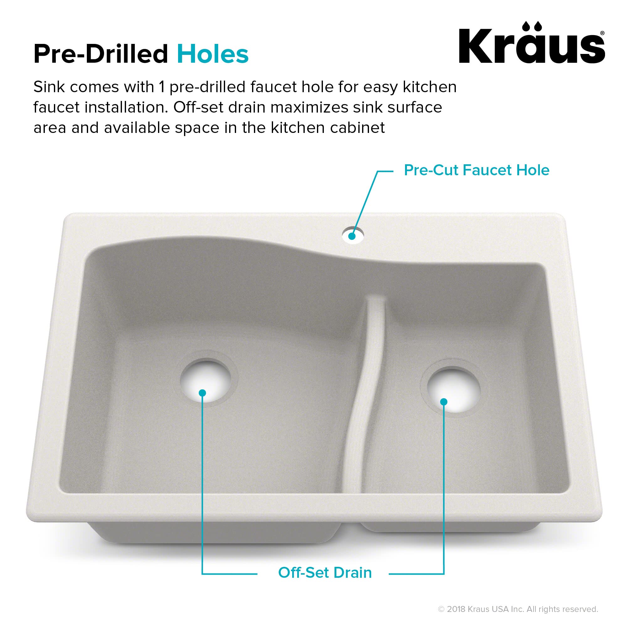 KRAUS Quarza 33-inch Drop-In/Undermount 60/40 Double Bowl Granite Kitchen Sink in White, KGD-442WHITE