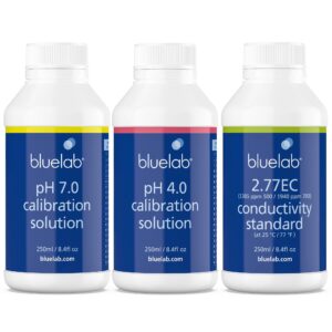 bluelab 2.77ec conductivity solution, ph 7.0, and ph 4.0 calibration solution set 250 milliliters