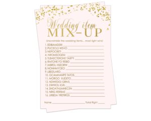 pink and gold bridal shower word scramble game – 25 pack, couples wedding engagement party games, reception decor and ideas, fun rehearsal unscramble guest activities