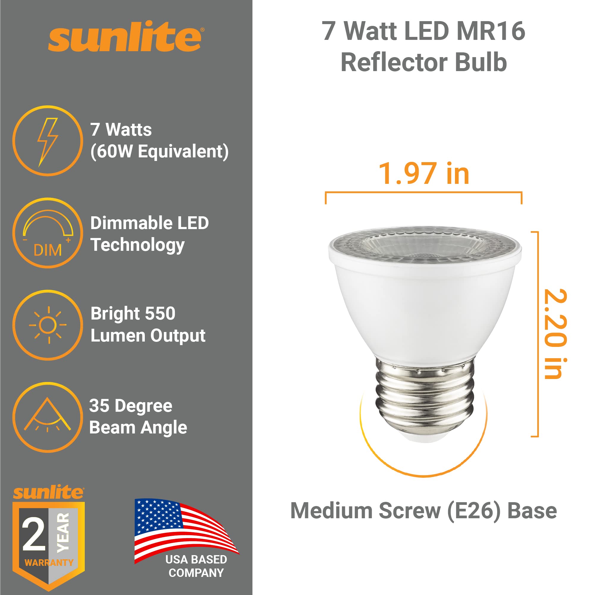 Sunlite LED PAR16 Short Neck Recessed Spotlight Bulb, 7 Watt, (60W Halogen Replacement), 550 Lumens, Medium (E26) Base, Dimmable, ETL Listed, 2700K Soft White, 1 Count